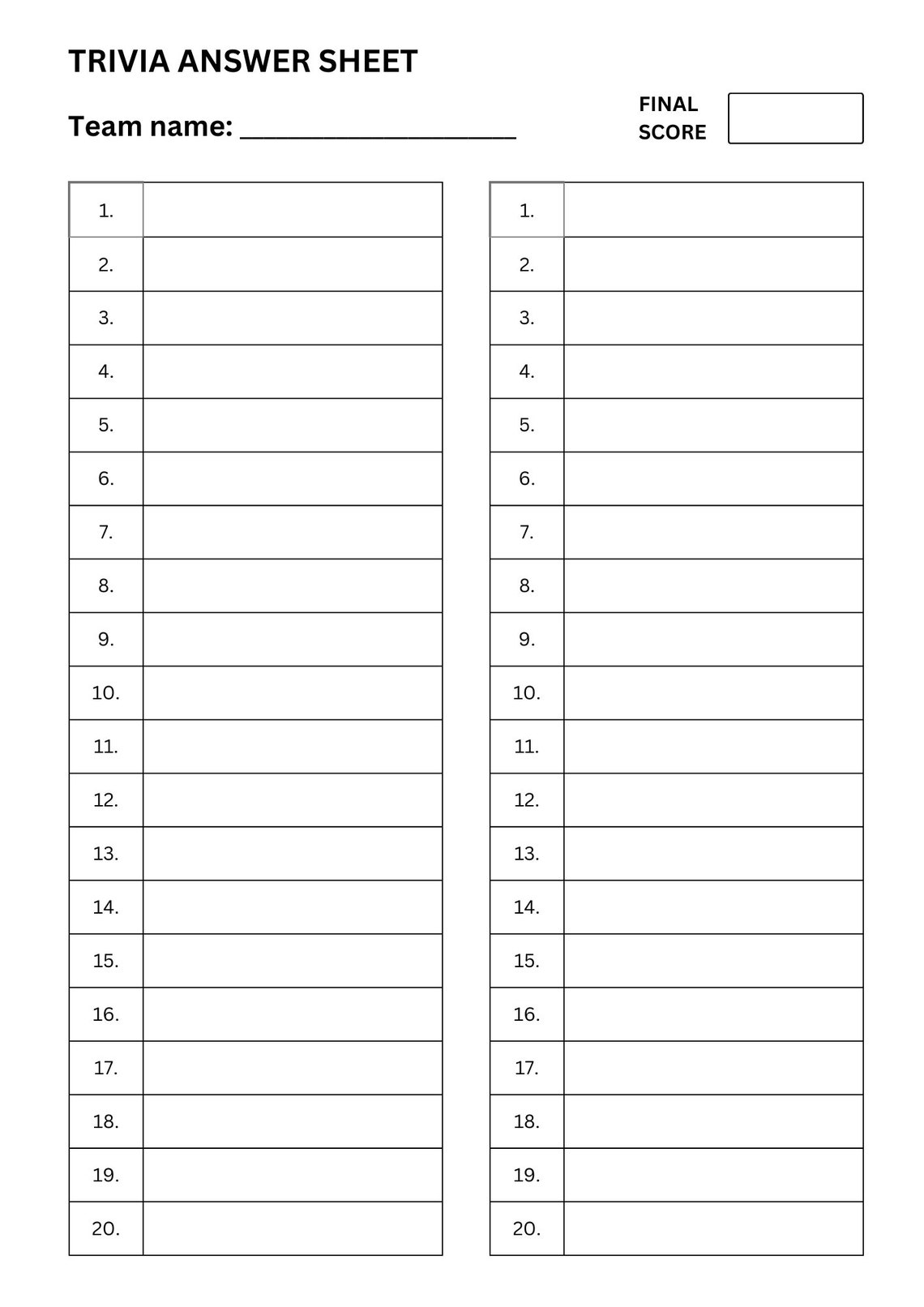 Trivia Answer Sheets | Trivia Quiz | Trivia Night | Printable Trivia ...