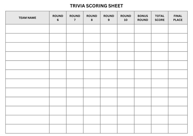 Trivia Scoring Sheets Trivia Quiz Trivia Night Printable Trivia Scoring ...