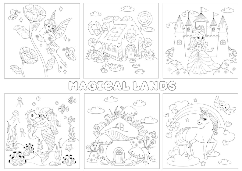 Magical Lands Coloring Page: Fairy Tale, Unicorn, Mermaid (digital ...