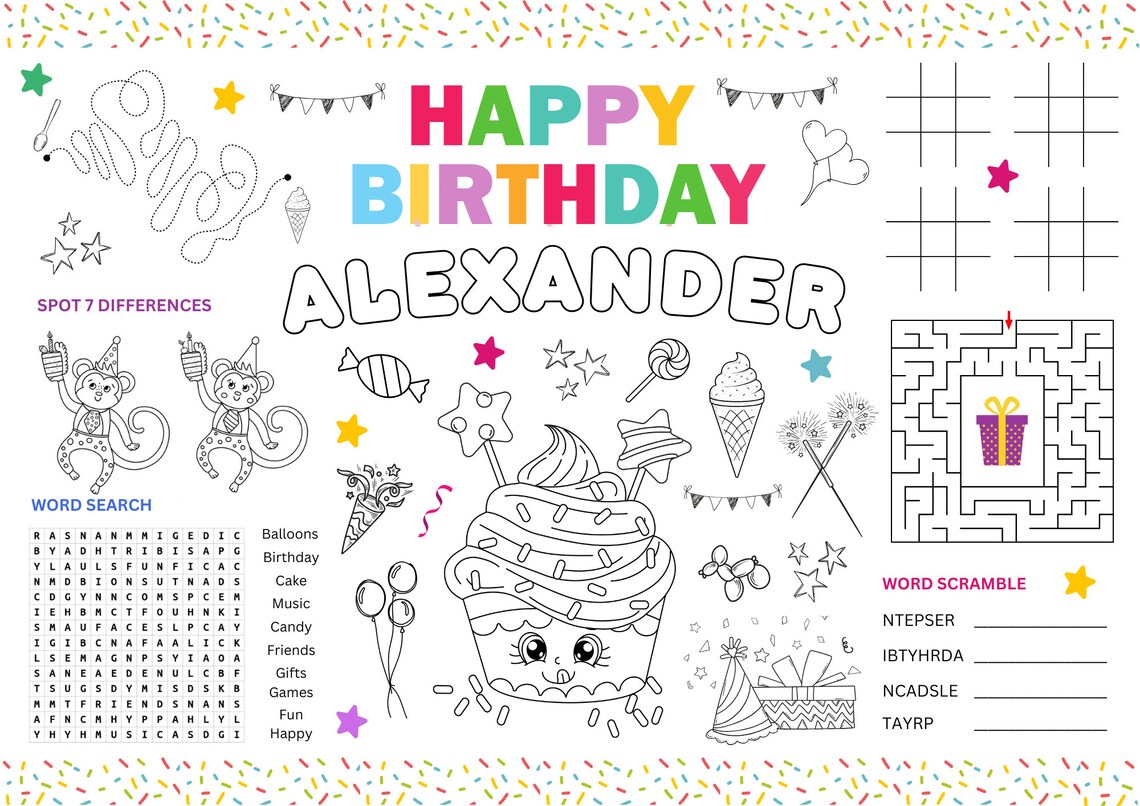 Birthday Coloring Placemat | Printable Birthday Party Coloring Page ...