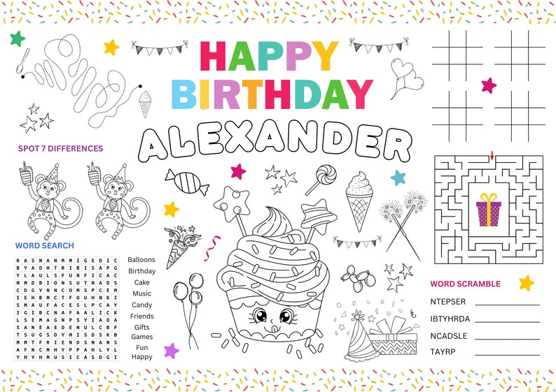 Birthday Coloring Placemat | Printable Birthday Party Coloring Page ...