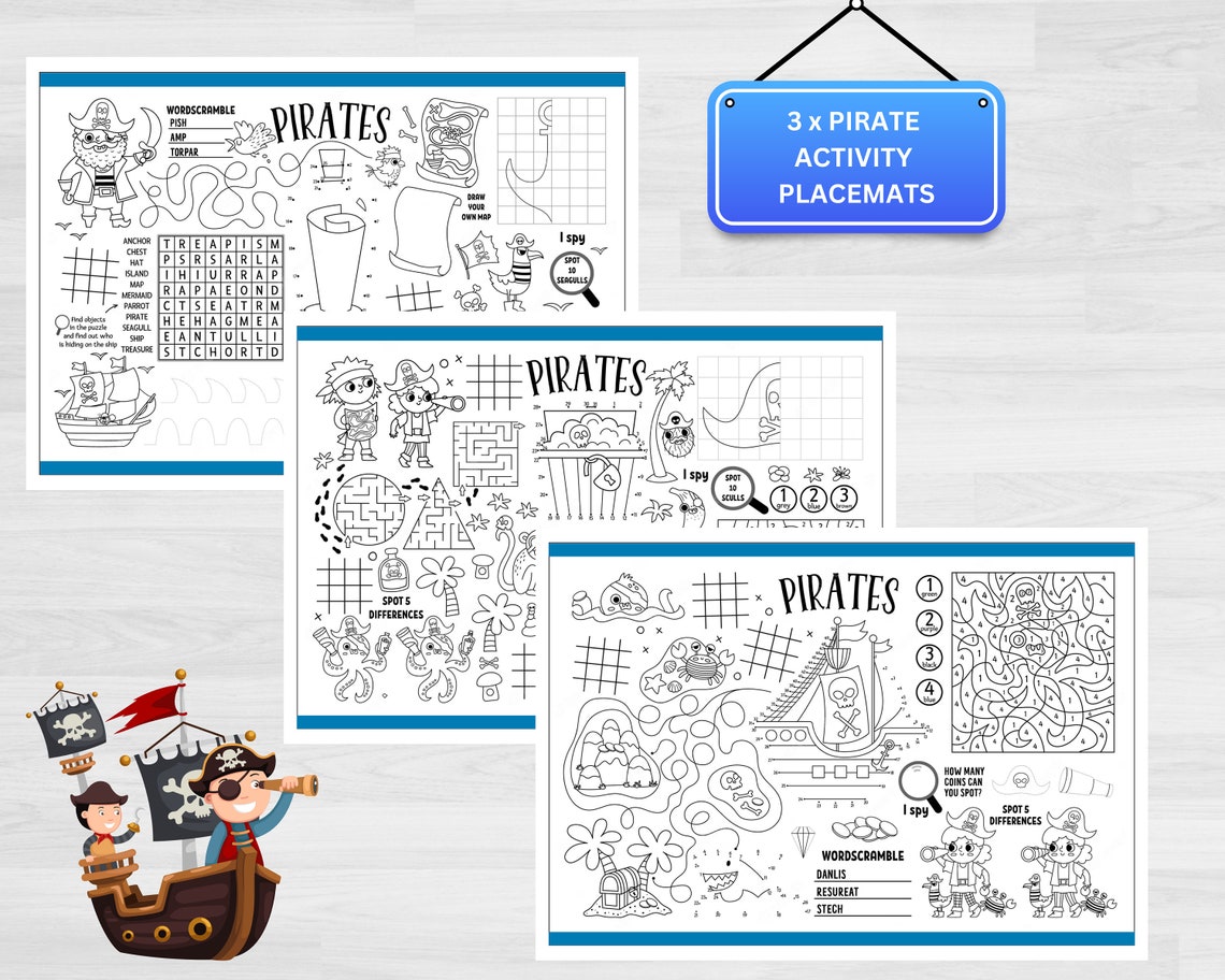 Pirate Coloring Placemat Printable Activity Placements - Etsy