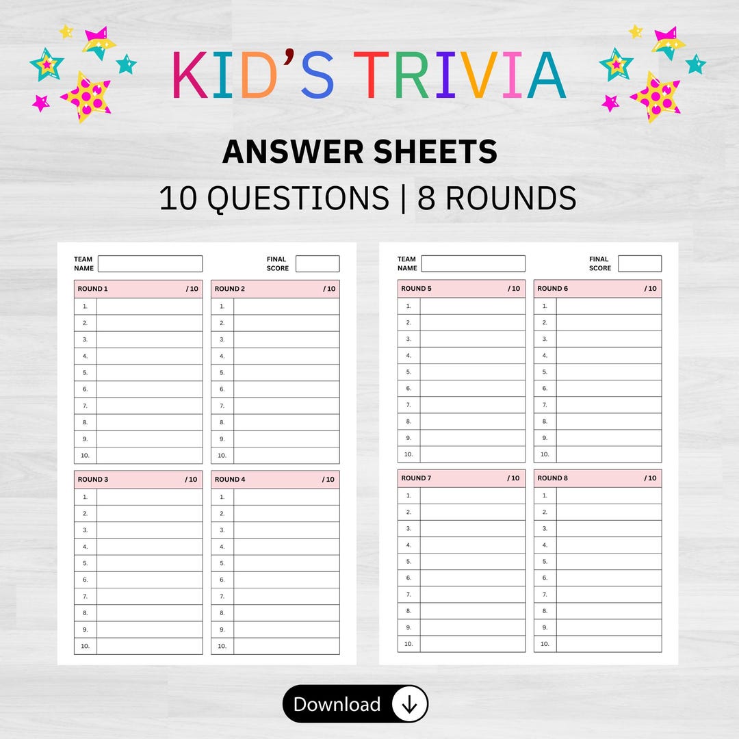 Kid's Trivia Answer Sheets | Trivia Quizzes | Trivia Night | Printable ...