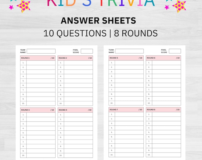 Kid's Trivia Answer Sheets: Printable Game Night Quizzes (digital ...