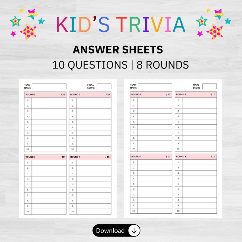 Kid's Trivia Answer Sheets: Printable Game Night Quizzes (digital ...