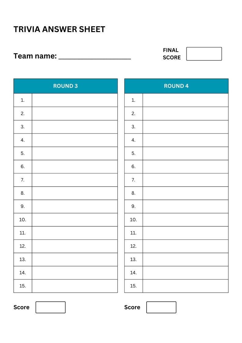 Trivia Answer Sheets | Trivia Quiz | Trivia Night | Printable Trivia ...