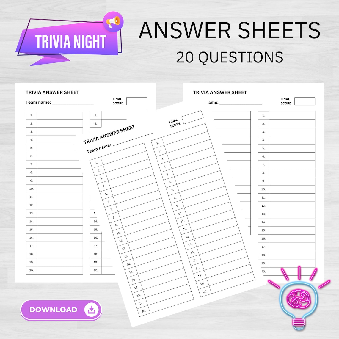 Trivia Answer Sheets | Trivia Quiz | Trivia Night | Printable Trivia ...