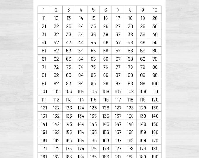 Printable 1 to 200 Number Chart ⦁ A4, A5, Half-letter, Letter Sizes ⦁ Minimalist Printable ...