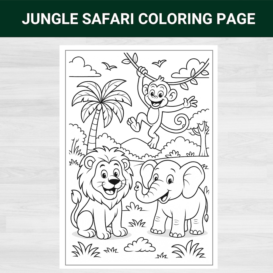 Jungle Safari Animals Coloring Page: Lion, Elephant, Monkey (PDF ...