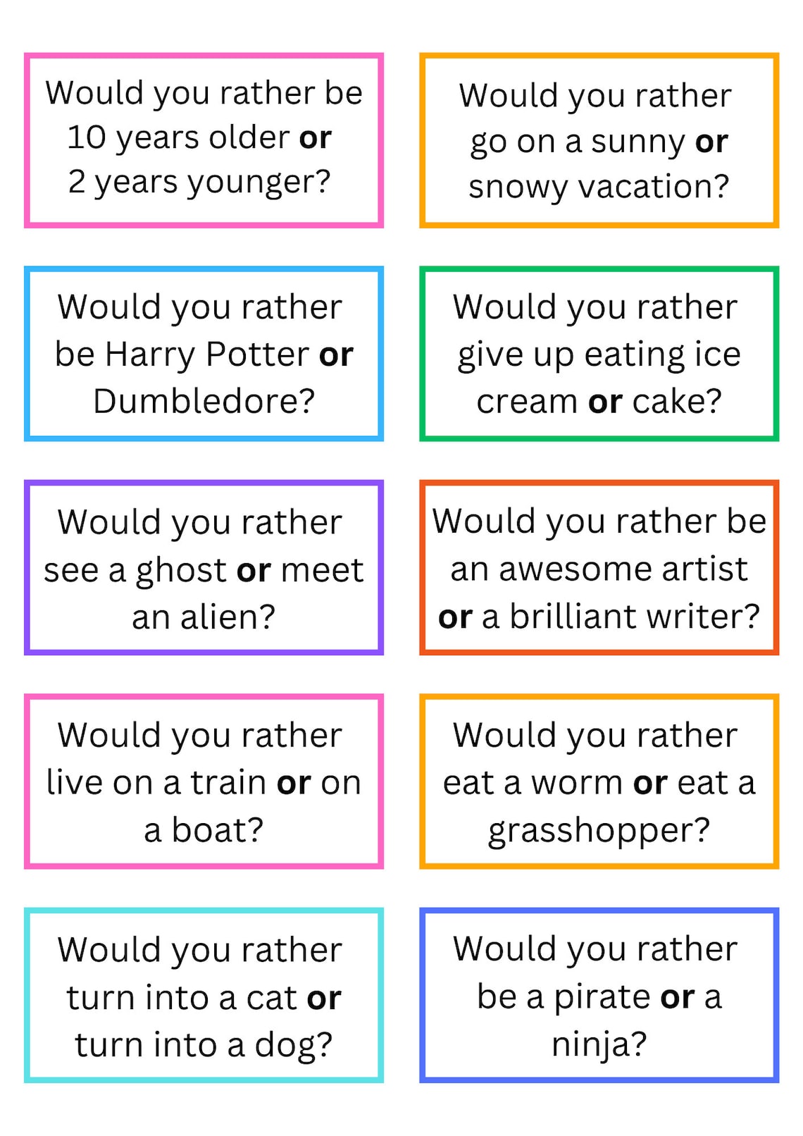 Would You Rather Printable Game for Kids Conversation Starters ...