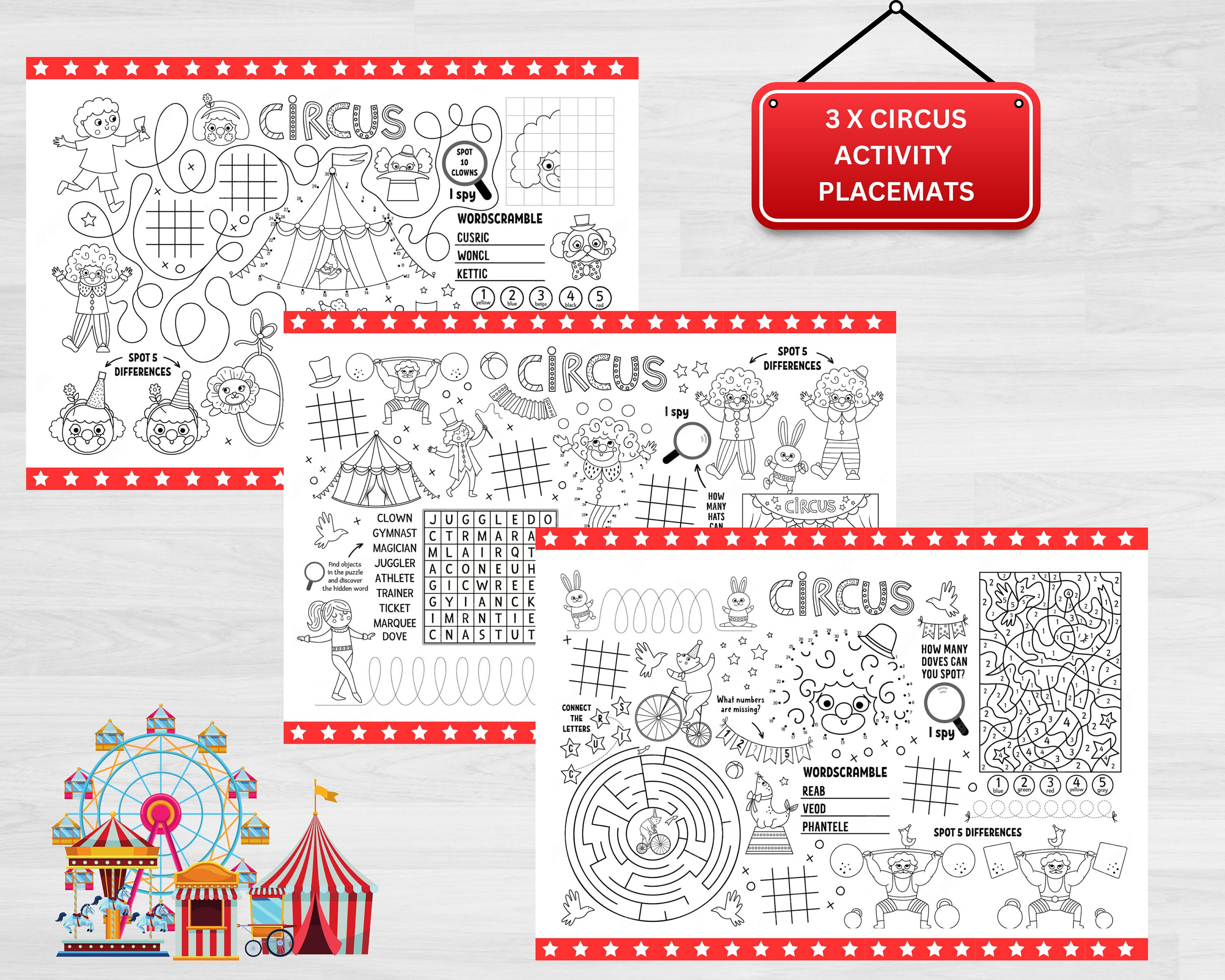 Circus Coloring Placemat Printable Activity Placements - Etsy