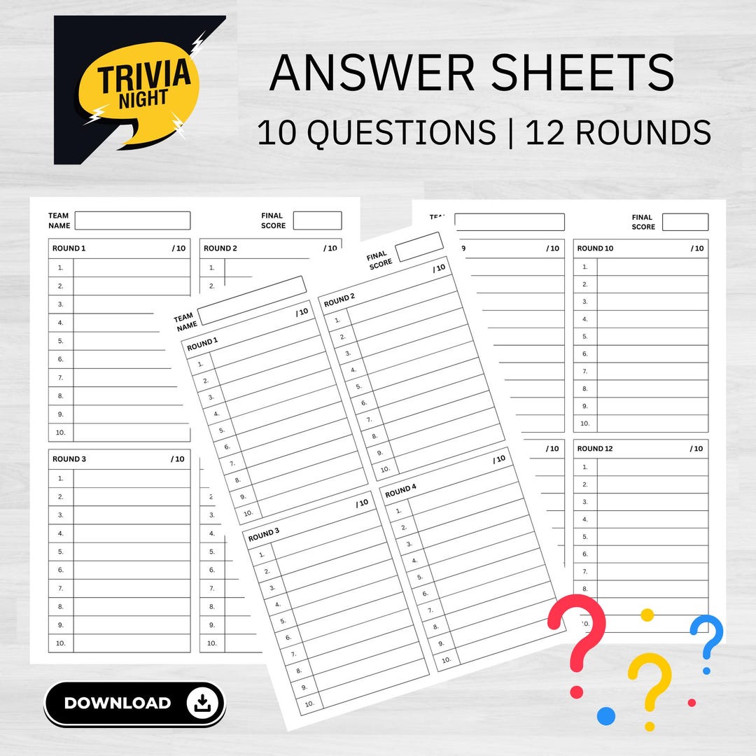 Trivia Answer Sheets: 12 Rounds, 120 Questions (digital Download) - Etsy
