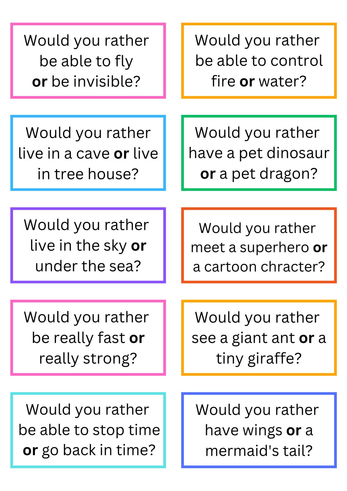 Would You Rather Printable Game for Kids Conversation Starters ...