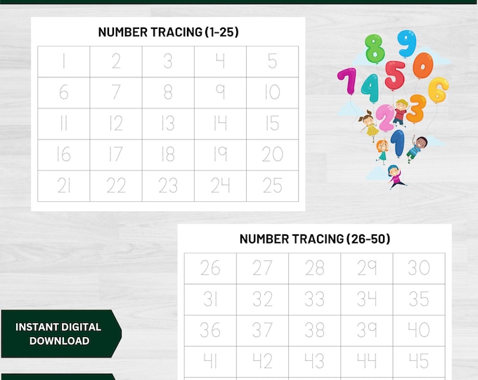 Printable Numbers 1-50 Tracing Worksheets: Homeschool Kindergarten (PDF ...
