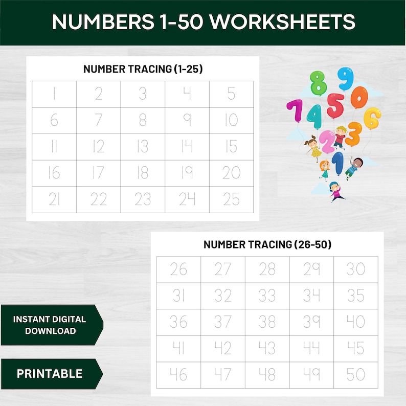 Números del 1 al 50: trazado / Hojas de trabajo imprimibles de números ...