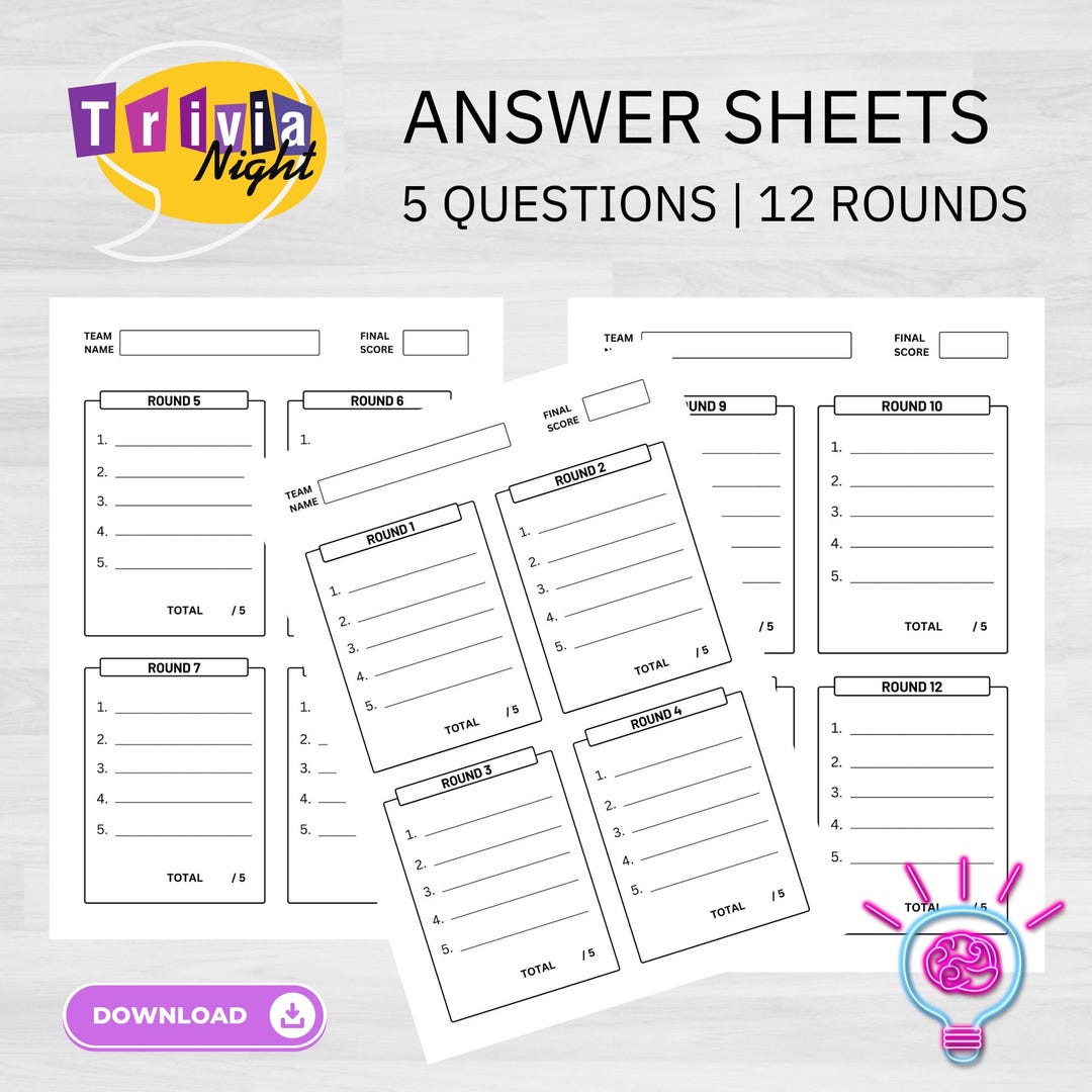 Trivia Answer Sheets: 12 Rounds, 60 Questions (digital Download) - Etsy