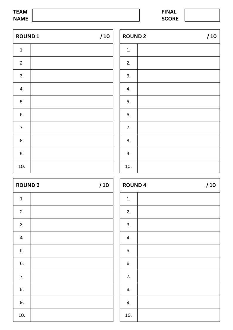 Trivia Answer Sheets: 6 Rounds, 10 Questions (PDF Pattern) - Etsy