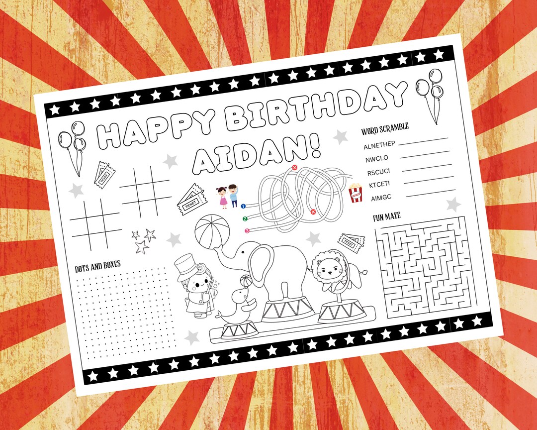 Circus Birthday Activity Placemat | Circus Party Games | Printable ...