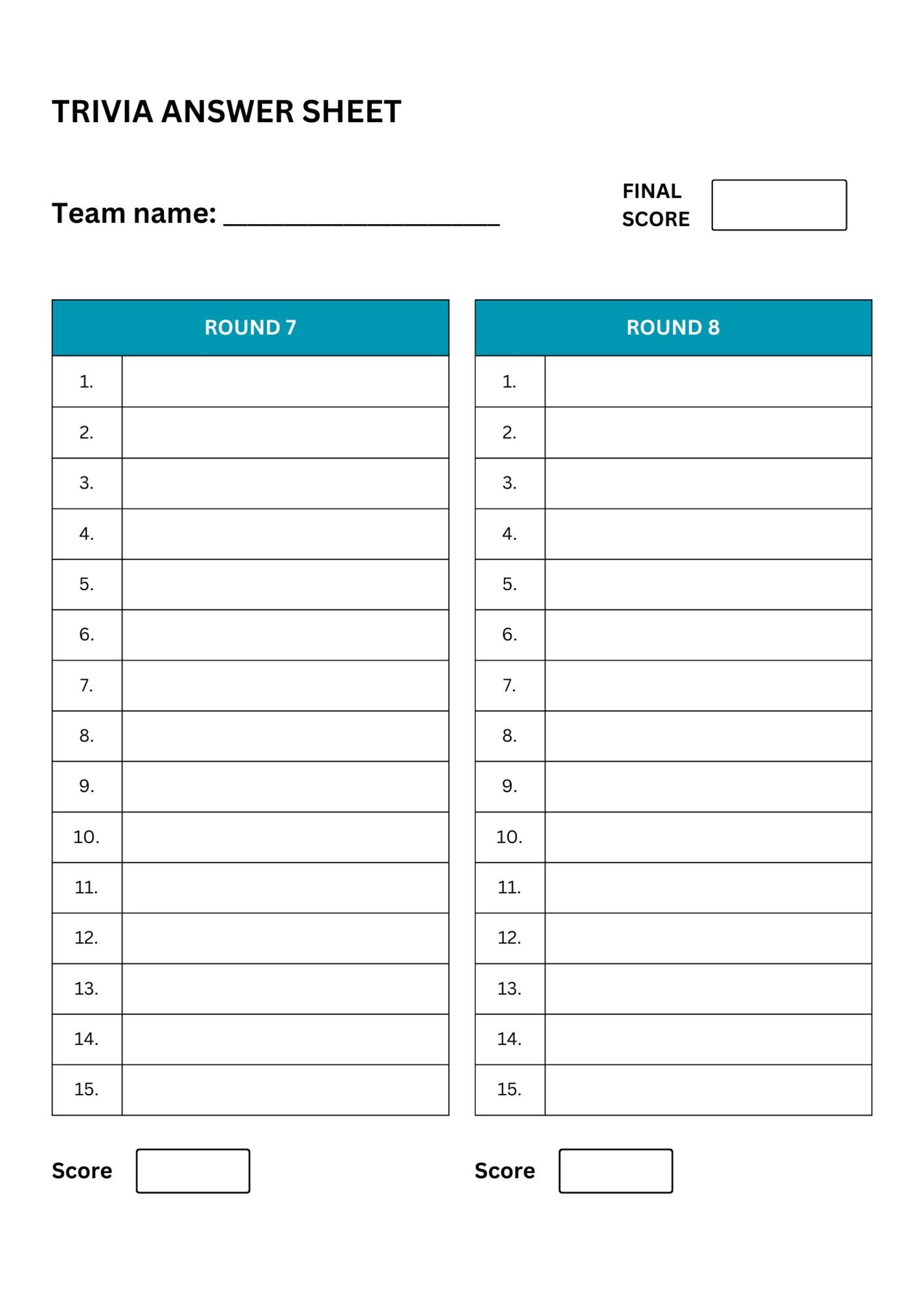 Trivia Answer Sheets | Trivia Quiz | Trivia Night | Printable Trivia ...