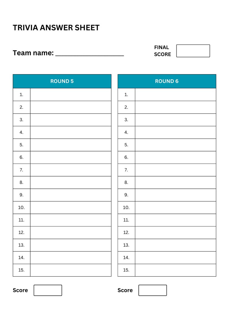 Trivia Answer Sheets | Trivia Quiz | Trivia Night | Printable Trivia ...