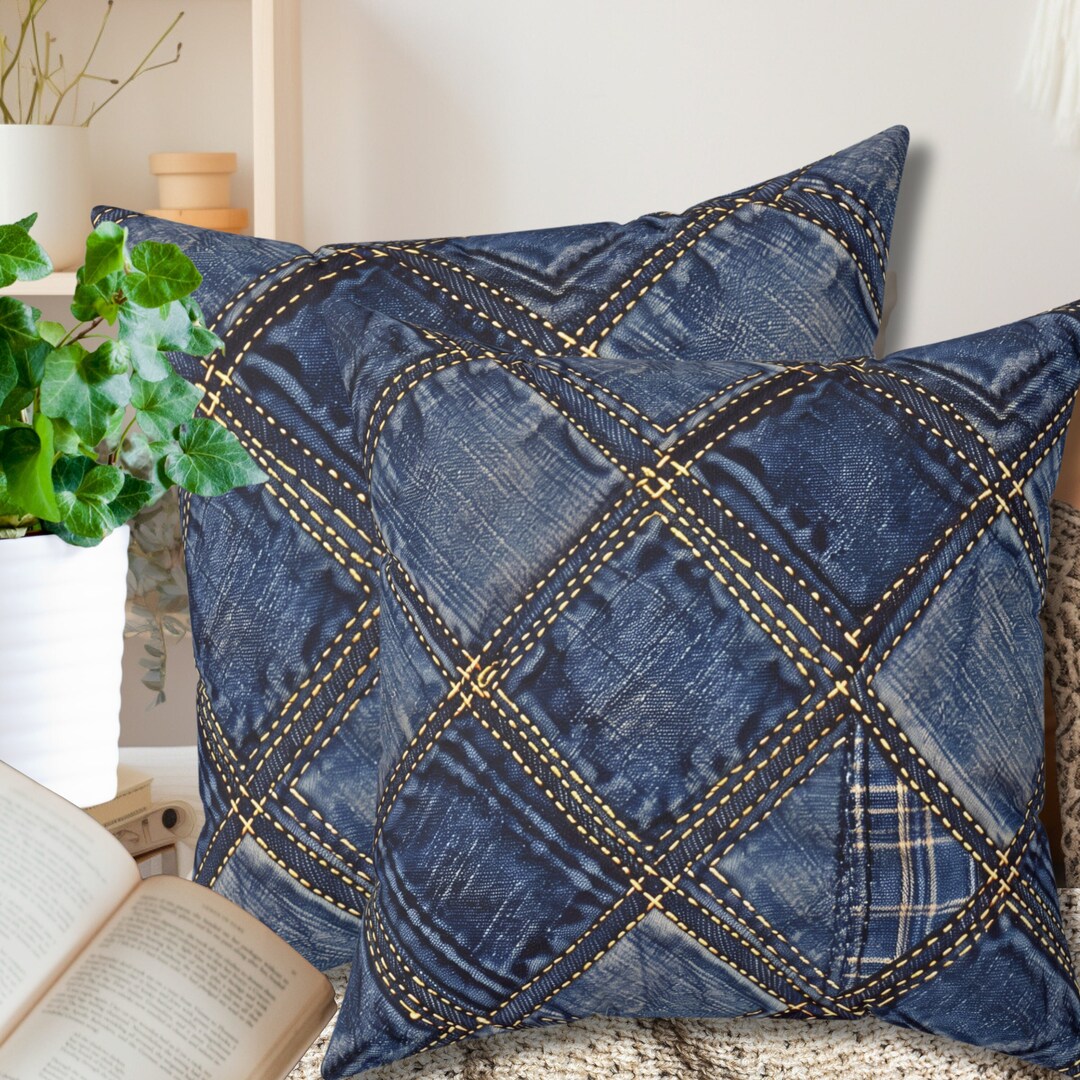 Denim Patchwork Square Pillow Decorative Blue Diamond Country Throw ...