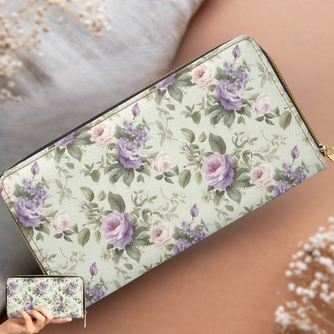 Country Purple Rose Zipper Wallet Credit Card Slim Purse Wallet ...