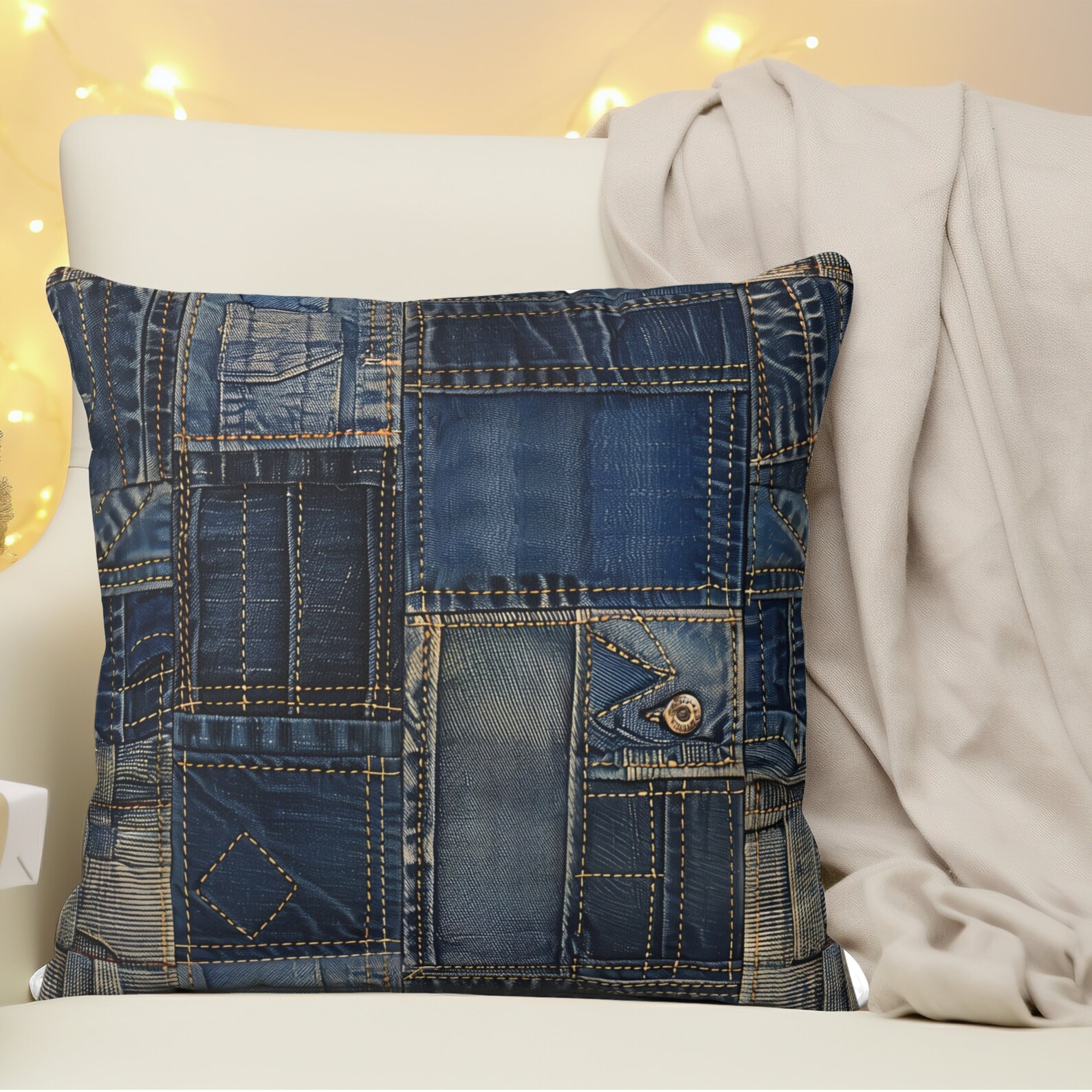 Blue Jean Patchwork Button Square Pillow Decorative Blue Denim Country ...