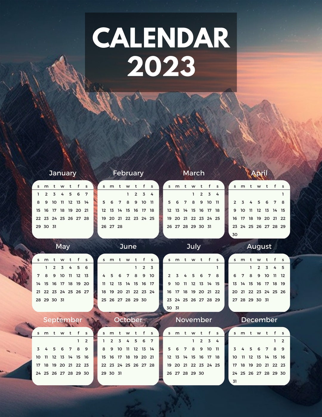 2023 Year at a Glance Instant Download Calendar Year at a Glance - Etsy
