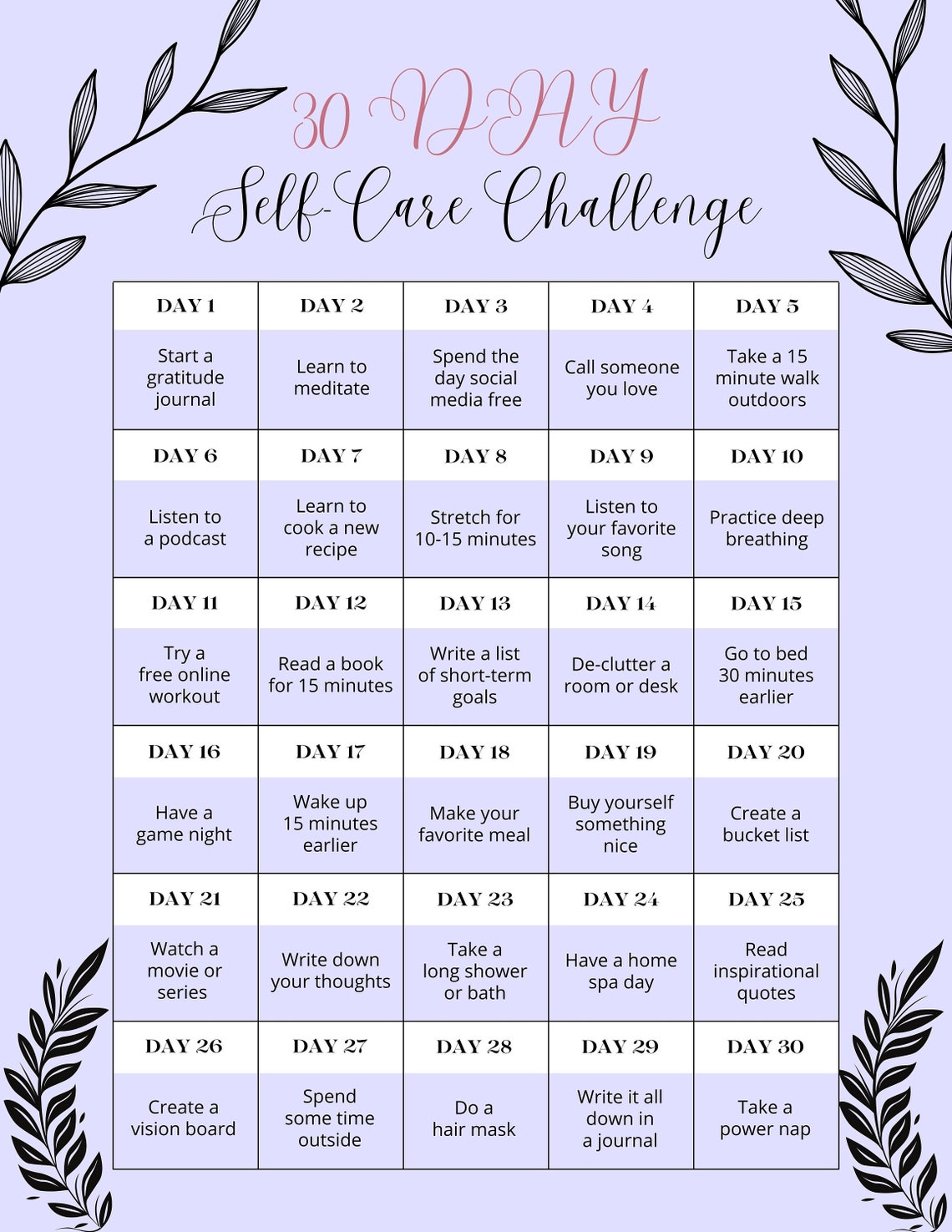 30 Day Self Care Challenge Calendar | Printable PDF | - Etsy