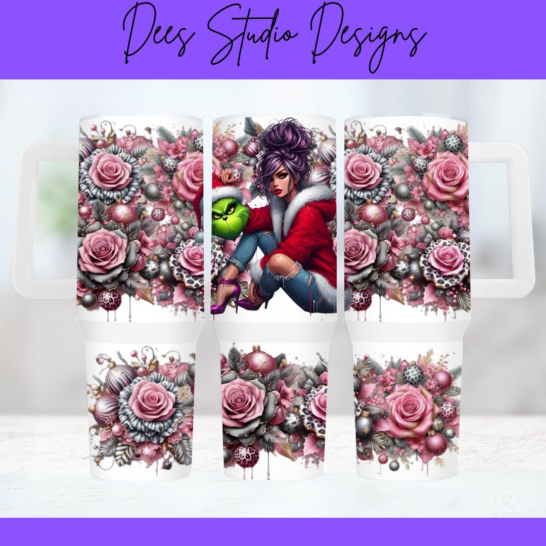 Grinch Girl PNG – Purple Hair With Pink & Grey Rose - 40oz Sublimation ...