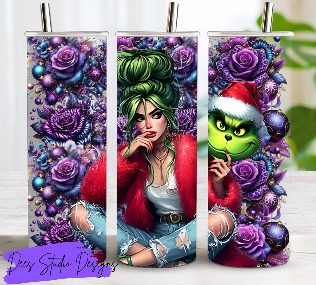 Grinch Girl PNG – Green Hair With Purple & Blue Rose - 20oz Sublimation ...
