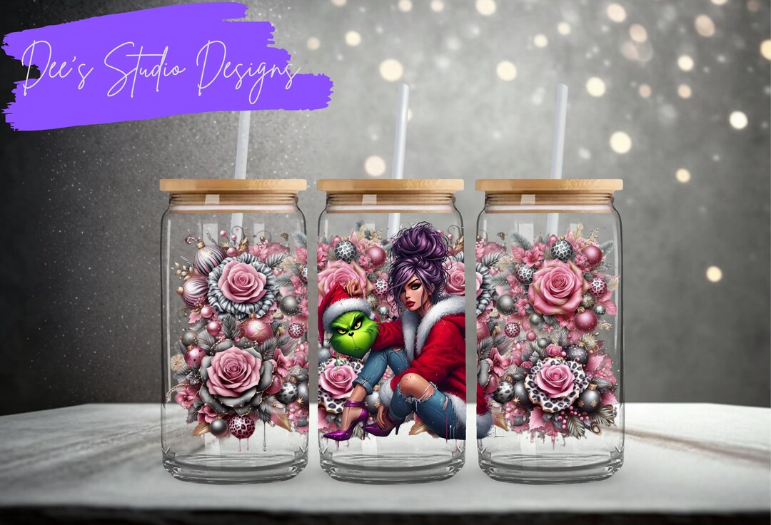 Grinch Girl PNG – Purple Hair With Pink & Grey Rose - 16oz Sublimation ...