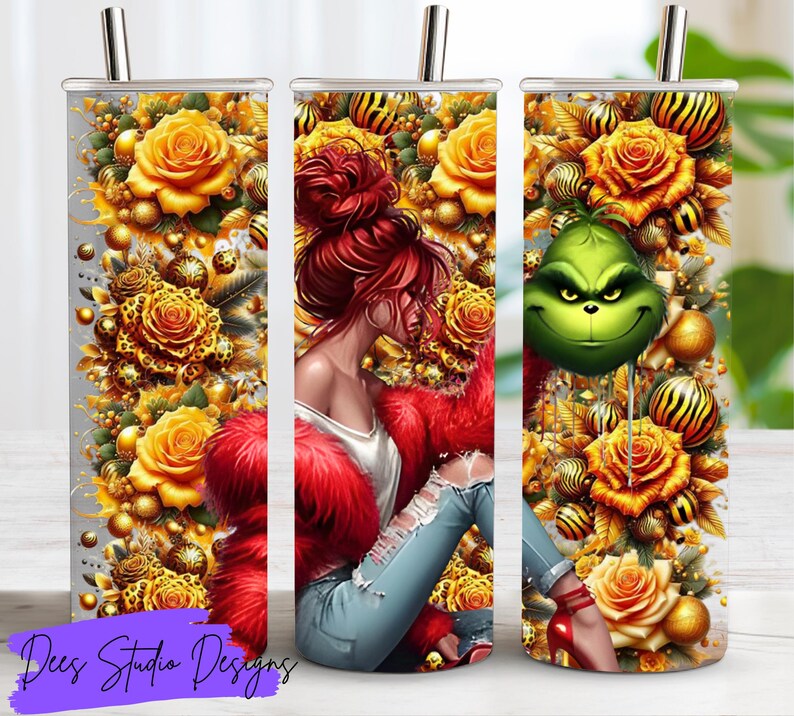 Grinch Girl PNG – Red Hair With Yellow & Orange Rose – 20oz Sublimation ...