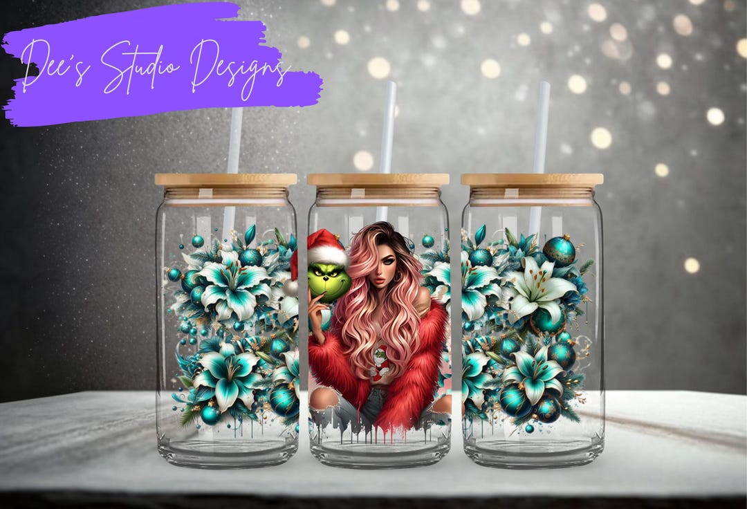 Grinch Girl PNG – Rose Gold Hair With Teal & Blue Lily – 16oz ...