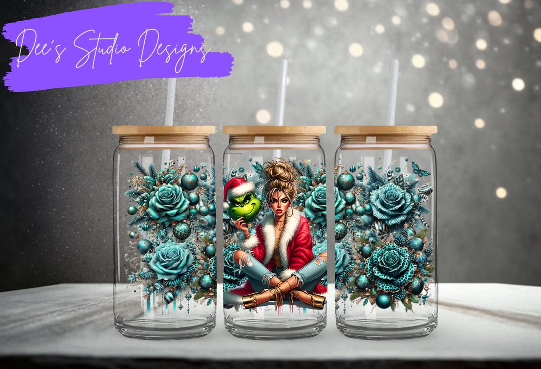 Grinch Girl PNG – Gold Hair With Teal & Blue Rose – 16oz Sublimation ...