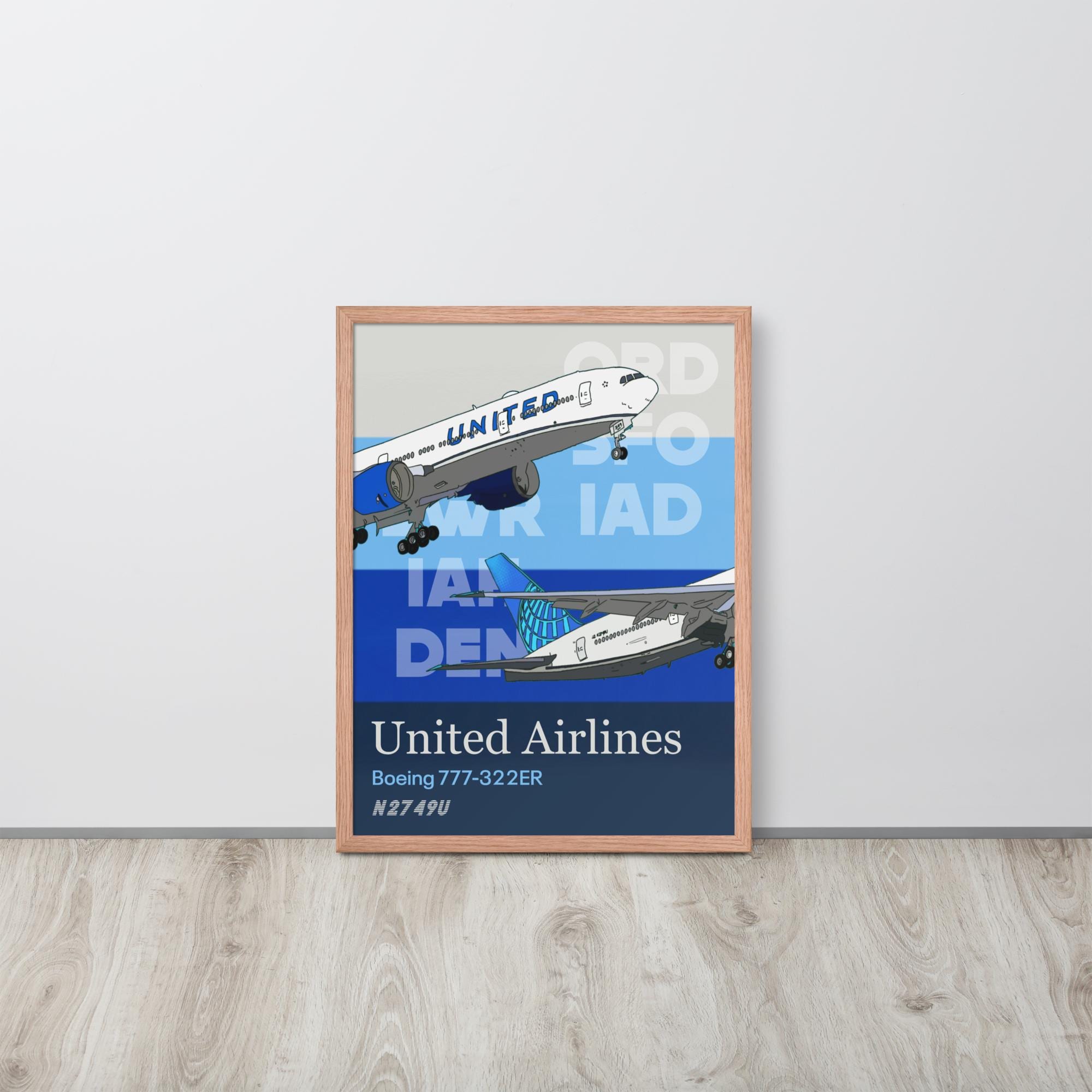 UA Boeing 777 Illustrated Poster Aviation Artwork Framed Jet Wall Decor ...