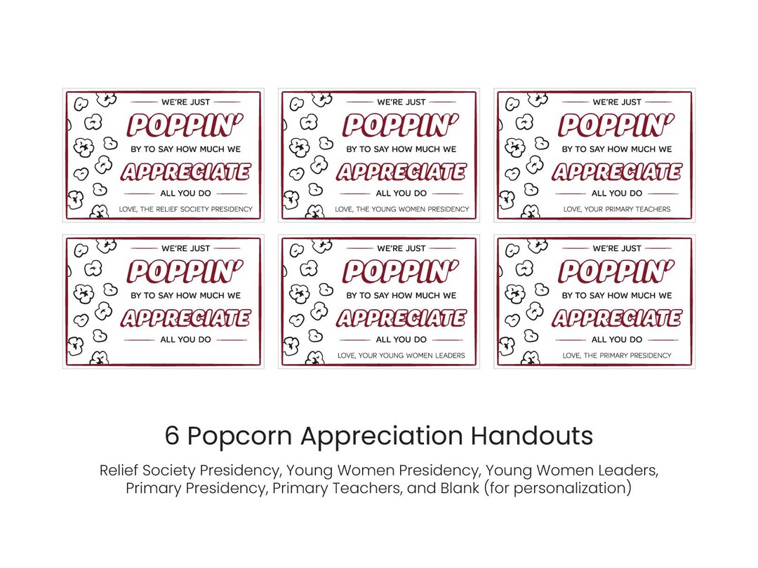 6 Printable Popcorn Appreciation Handout Gift/treat Tag for Relief ...