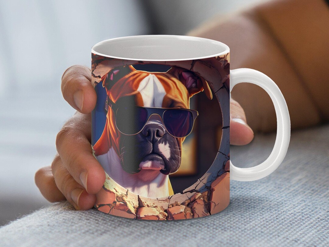 3D Cracked Cave Mug Cool Boxer Dog Mug Wrap Boxer Dog With Sunglasses ...