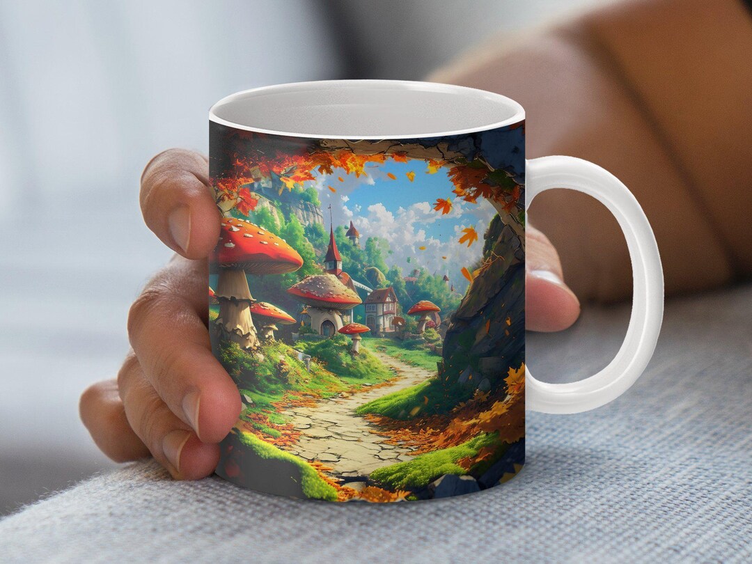 3D Fairy Tale Cracked Cave Forest Mushroom Village Mug Wrap, 11 and 15 ...