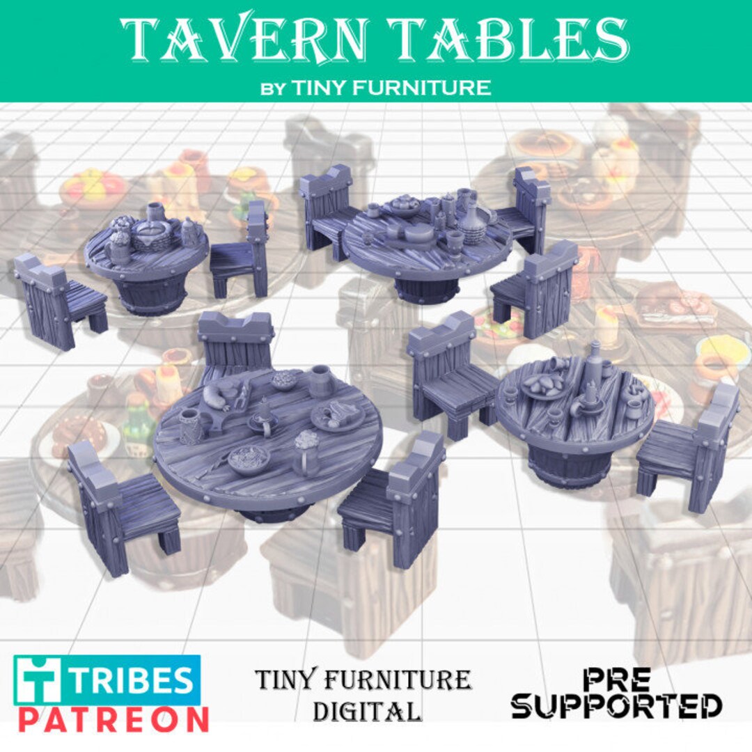 4 Tavern Round Tables Food Chairs Inn Bar Dining Medieval Restaurant ...