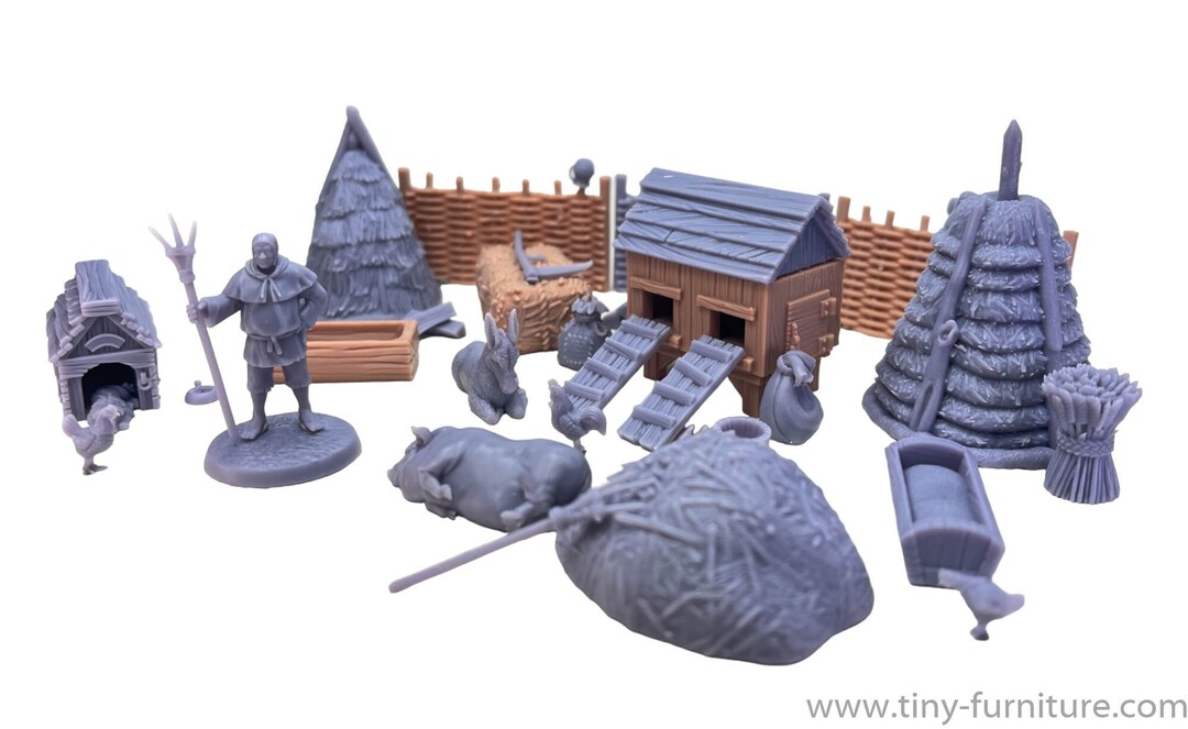 Farm Scatter Terrain Scenery Dollhouse Miniature TTRPG D&D 3D Printed Pig Farmer Haystacks ...