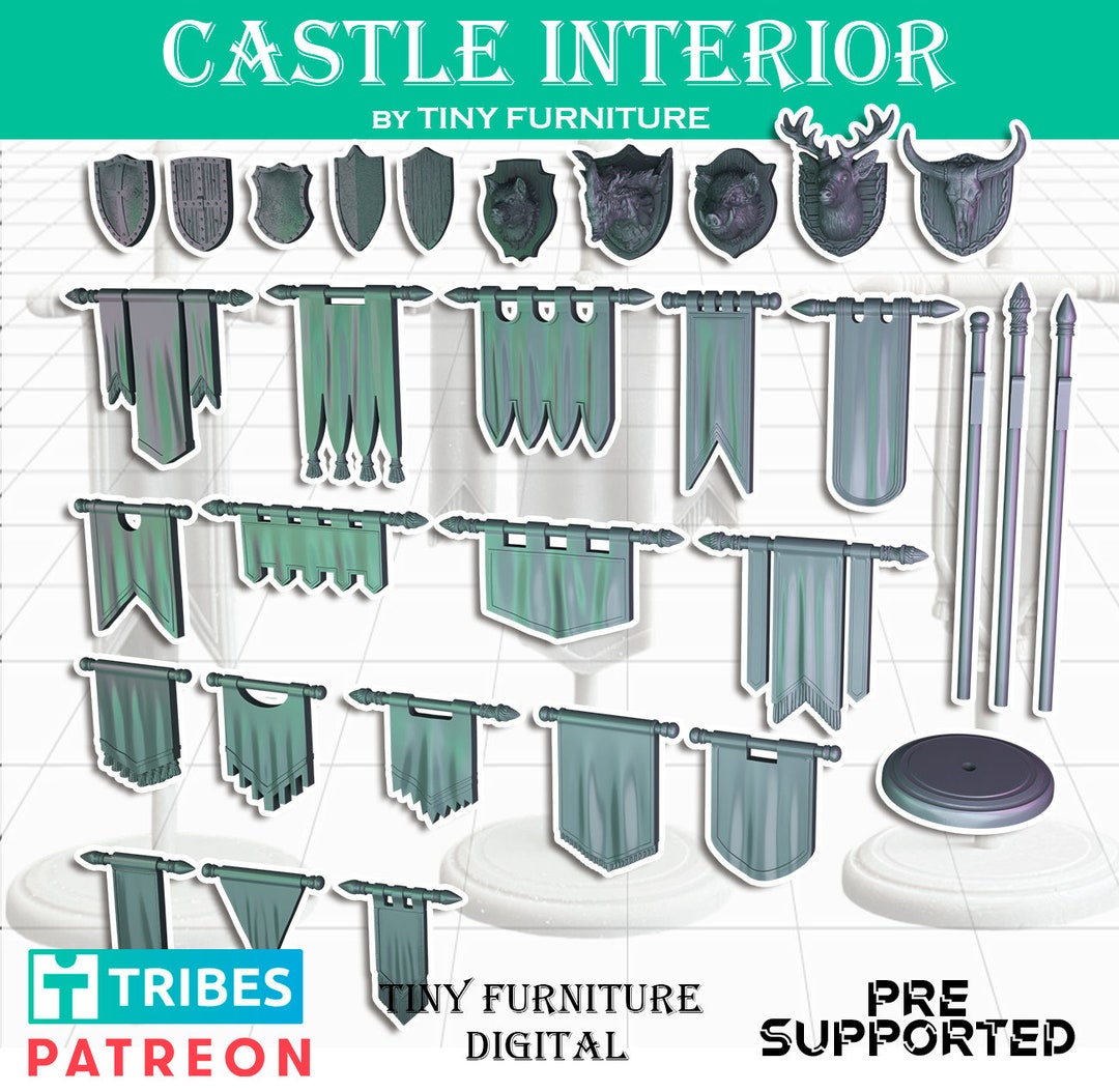 Castle Interior Exterior Decor Flags Banners Shield Animal Heads ...