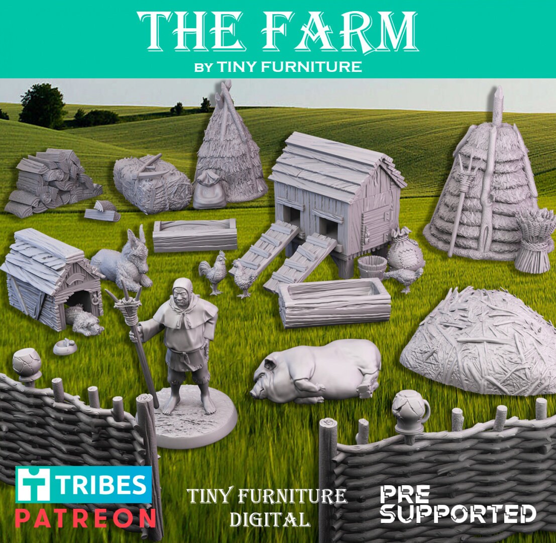 Farm Scatter Terrain Scenery Dollhouse Miniature TTRPG D&D 3D Printed Pig Farmer Haystacks ...