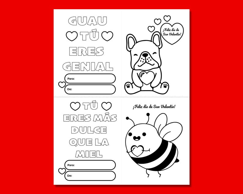 Printable Spanish Valentine's Day Cards, Valentine Coloring Cards in ...