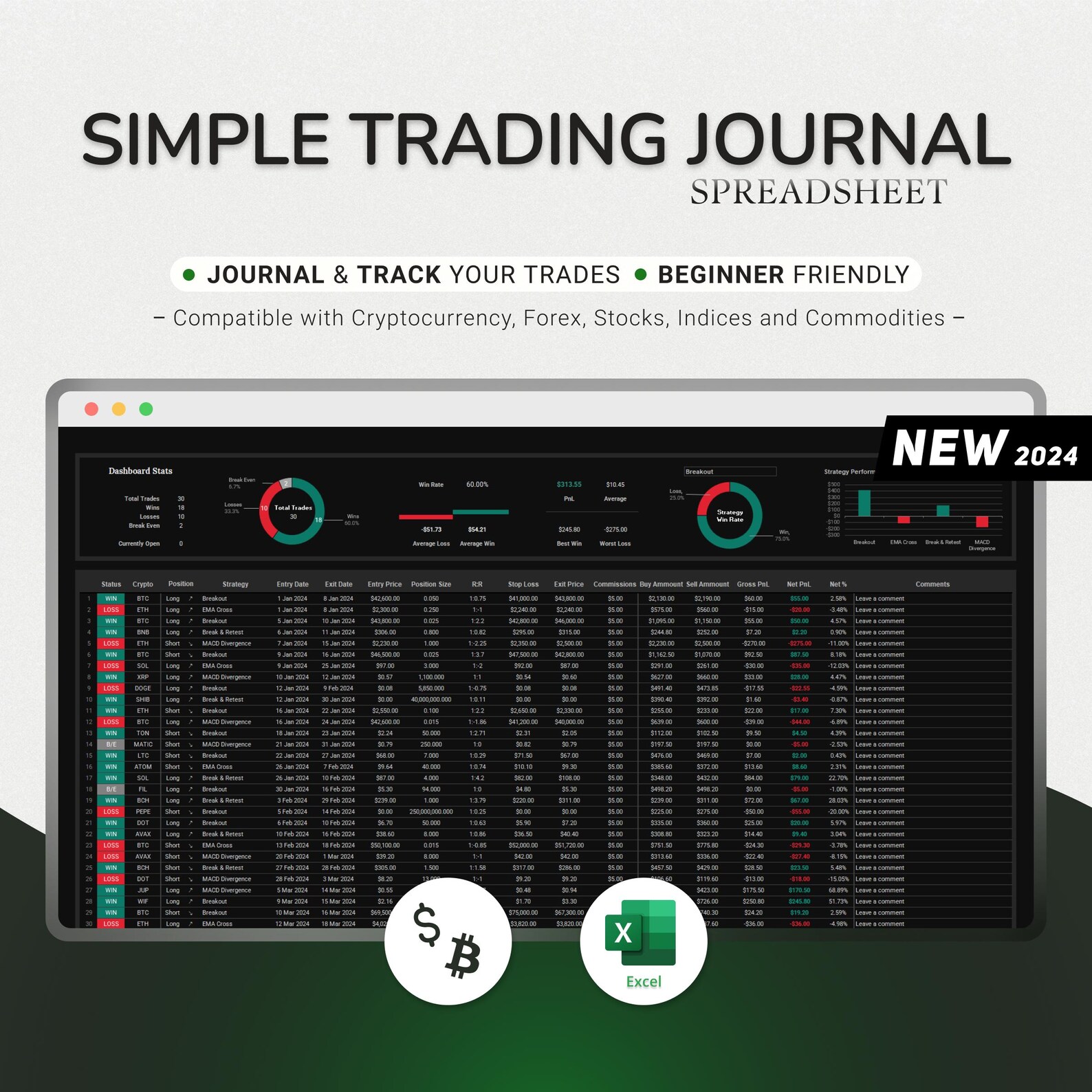 Simple Trading Journal 2024 Backtesting Strategy Excel Planner Crypto ...