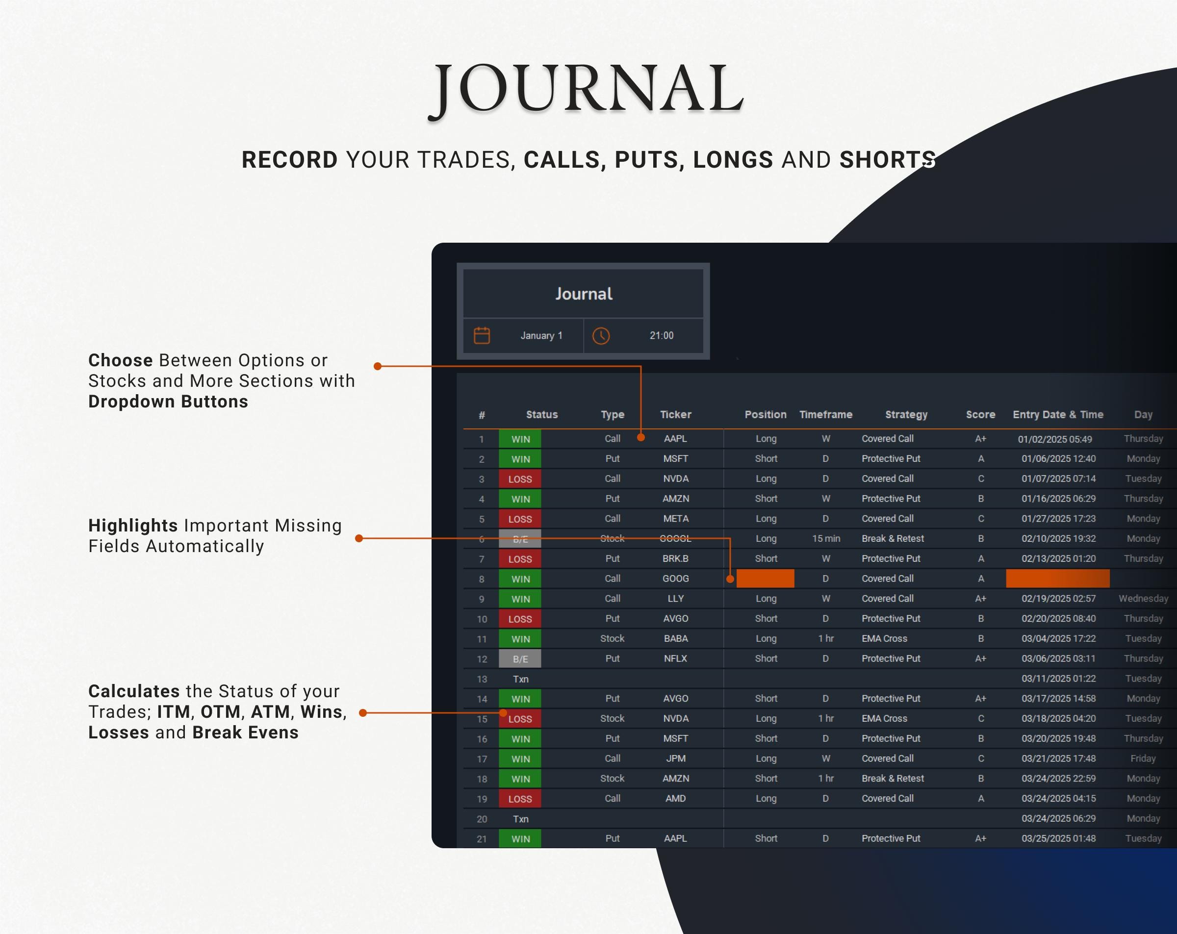 Options and Stock Trading Journal 2025 Premium Excel Backtesting ...