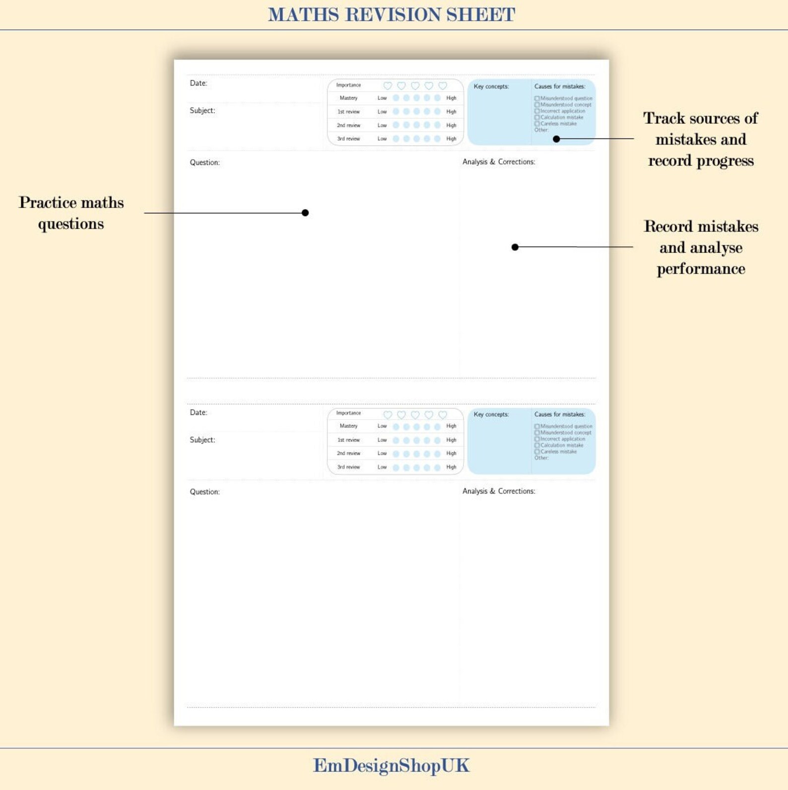 Maths Revision Sheet A4 Pdf Instant Download Goodnotes Printable