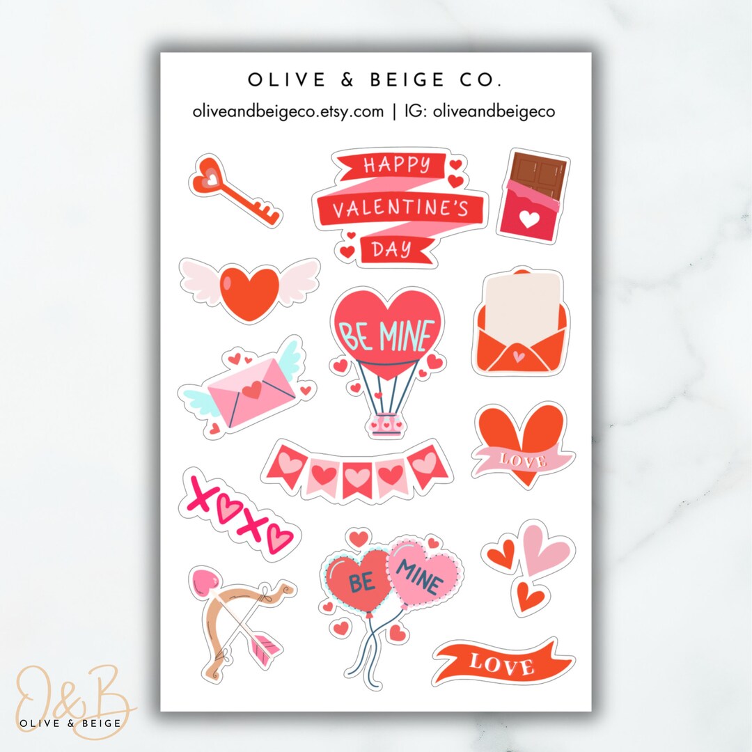 Valentines Day Sticker Sheet | Valentines Theme Stickers | Heart ...