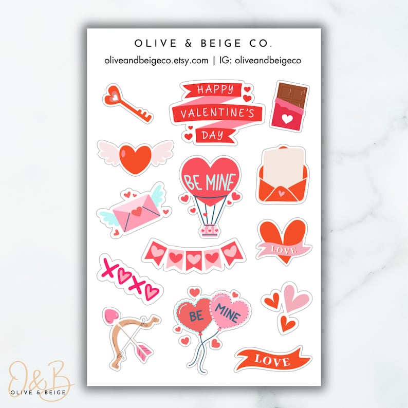 Valentines Day Sticker Sheet | Valentines Theme Stickers | Heart ...