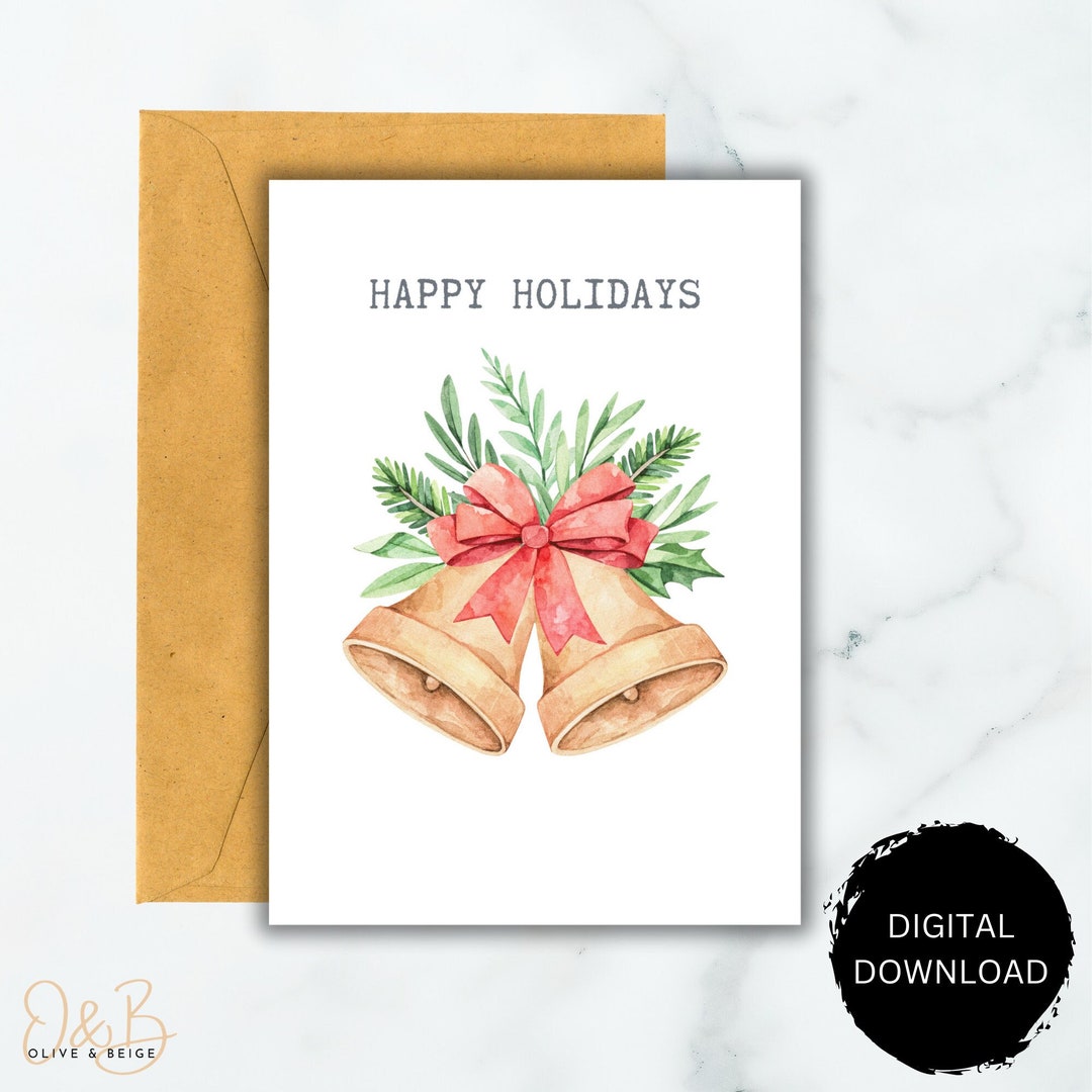 Happy Holidays Card Printable Christmas Bells Card Digital - Etsy